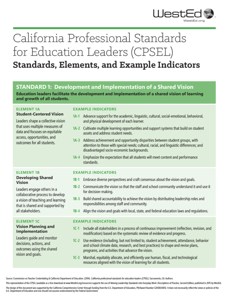 California Professional Standards for Educational Leaders (CPSEL ...