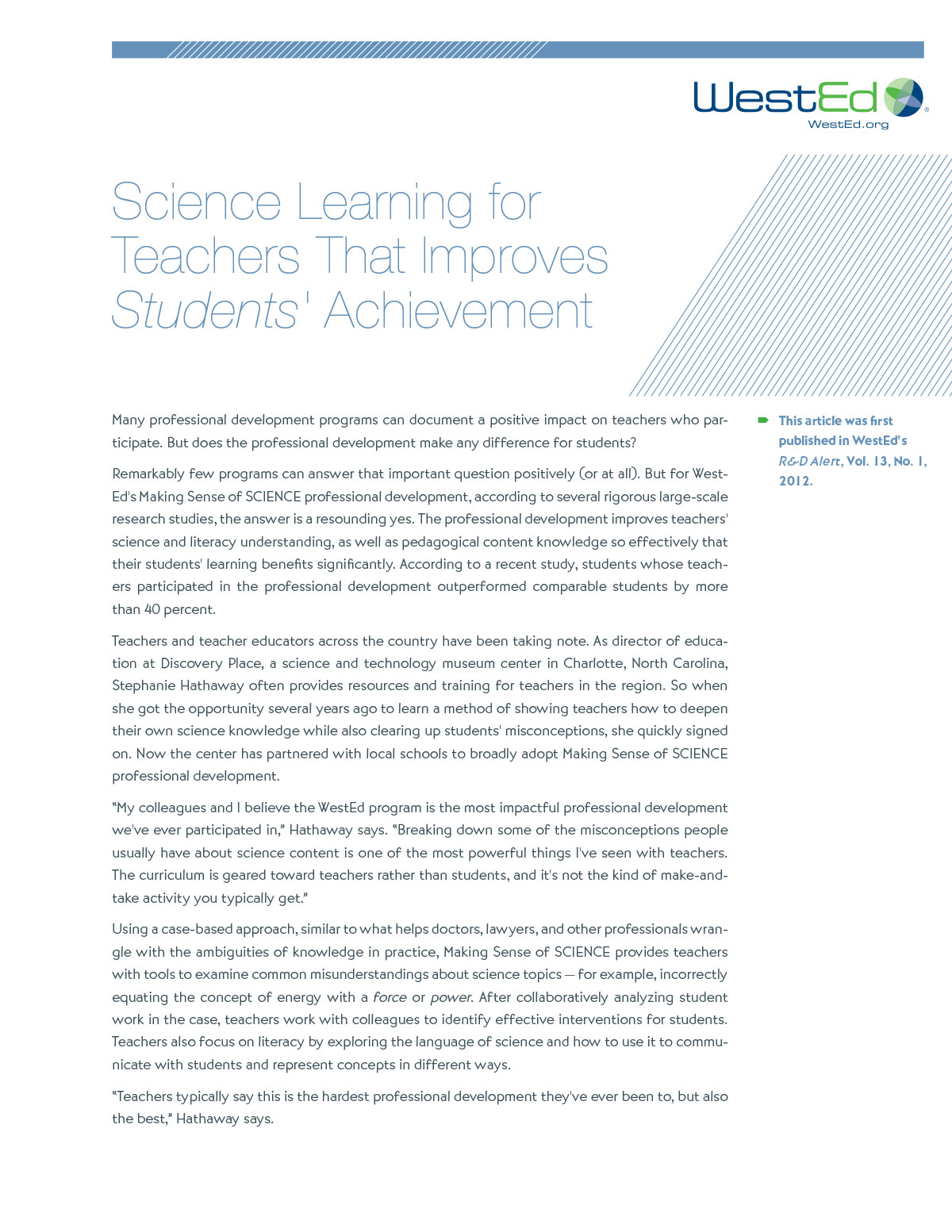 Science Learning for Teachers That Improves Students’ Achievement – WestEd