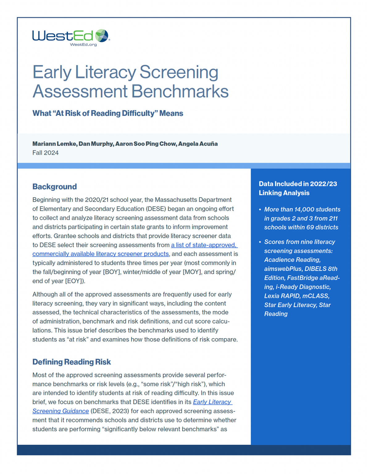 Early Literacy Screening Assessment Benchmarks – WestEd